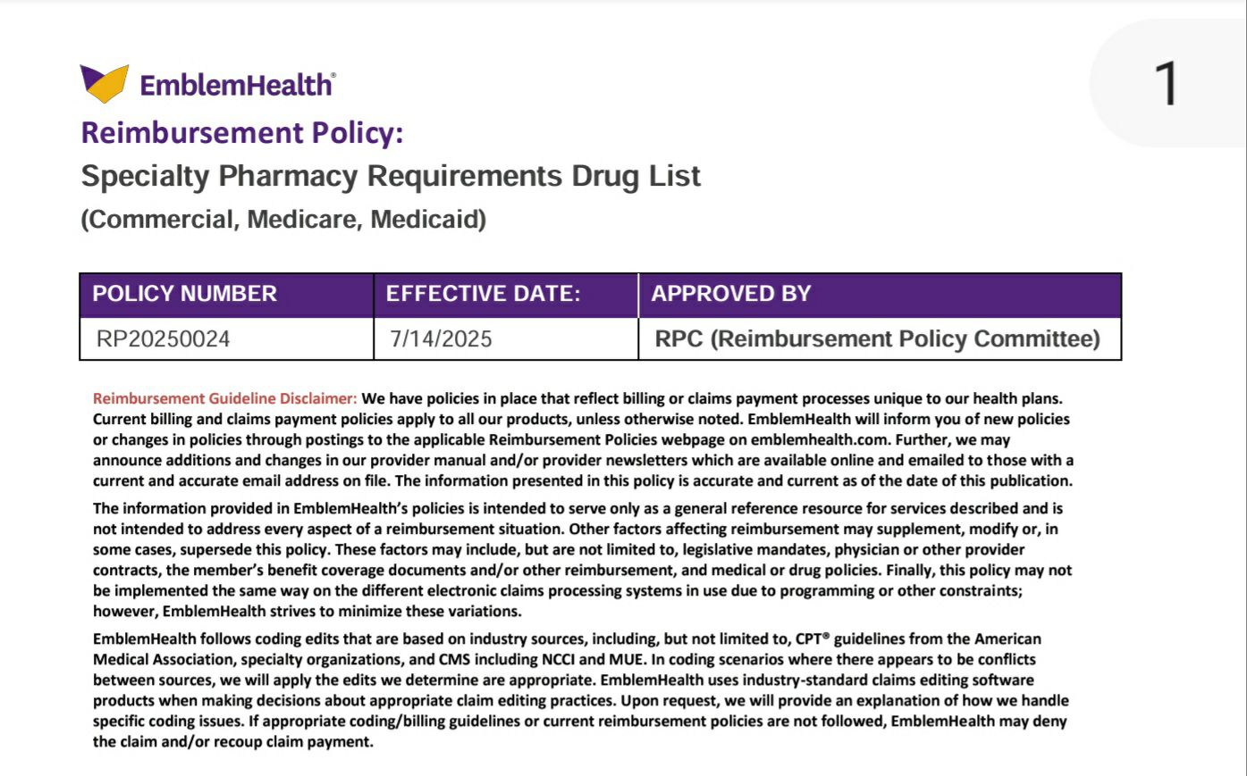 Emblem Health new Specialty Meds/Pharmacy Policy – KR2 Medical Billing